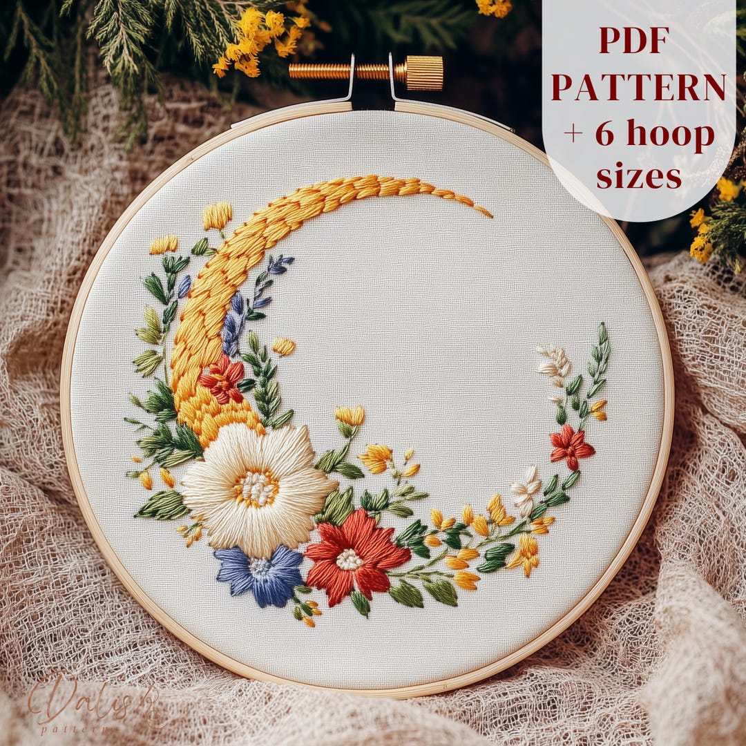 Crescent Moon Hand Embroidery Pattern, Flower Moon Embroidery Design ...