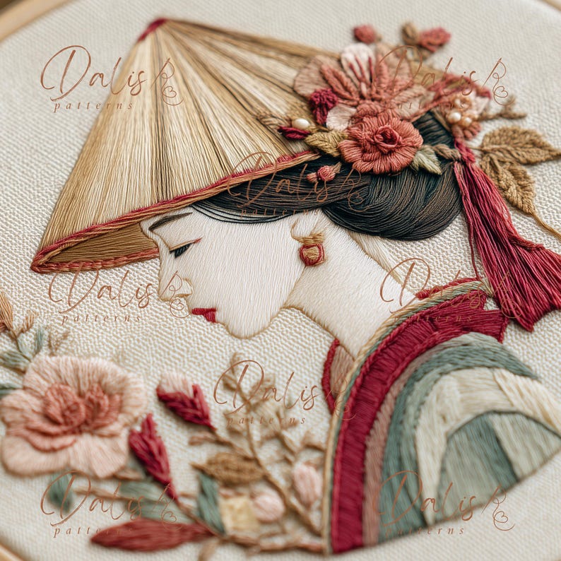 Printable Hand Embroidery Design, Asian Woman With Conical Hat ...