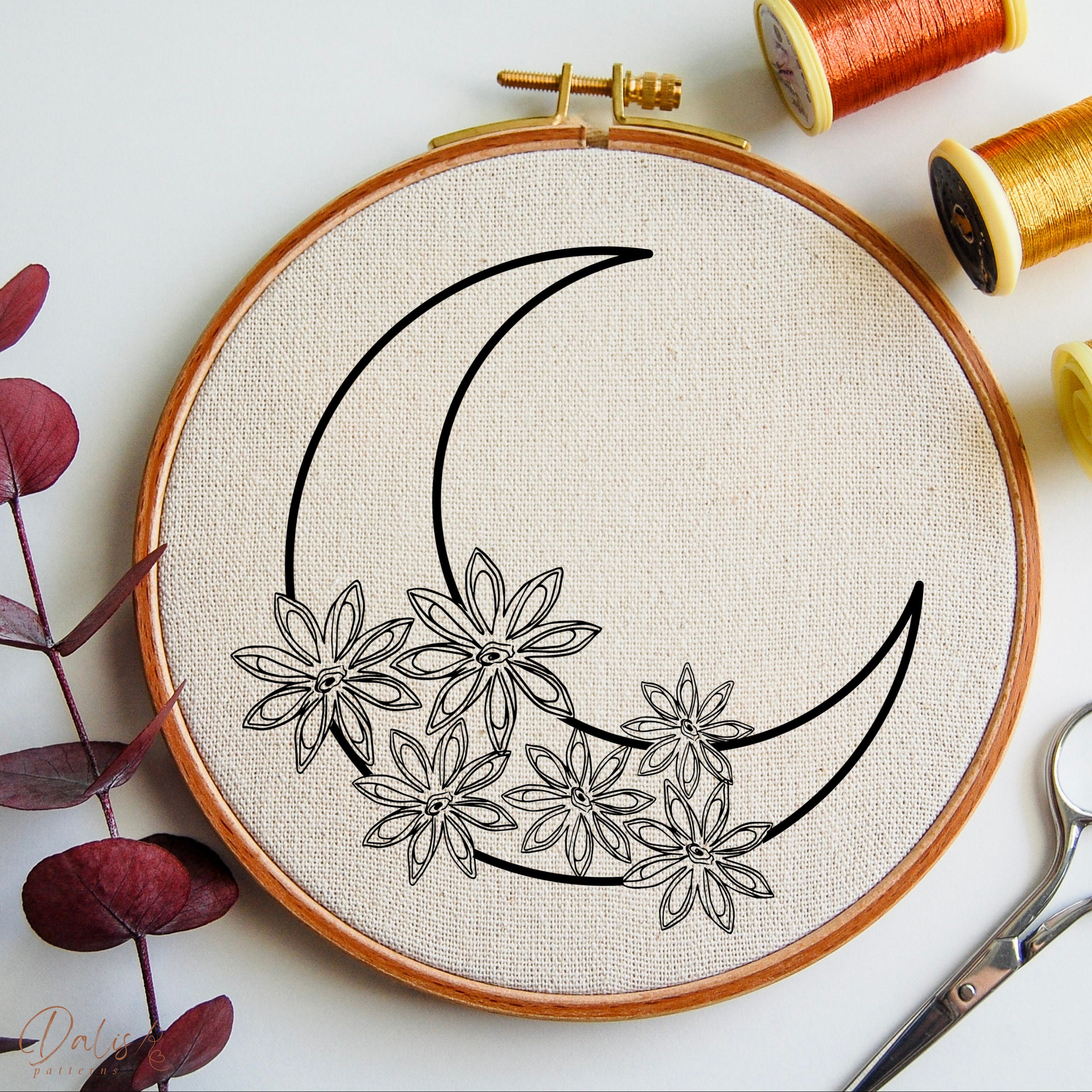 Celestial Hand Embroidery PDF Pattern With Flower Crescent Moon Design ...