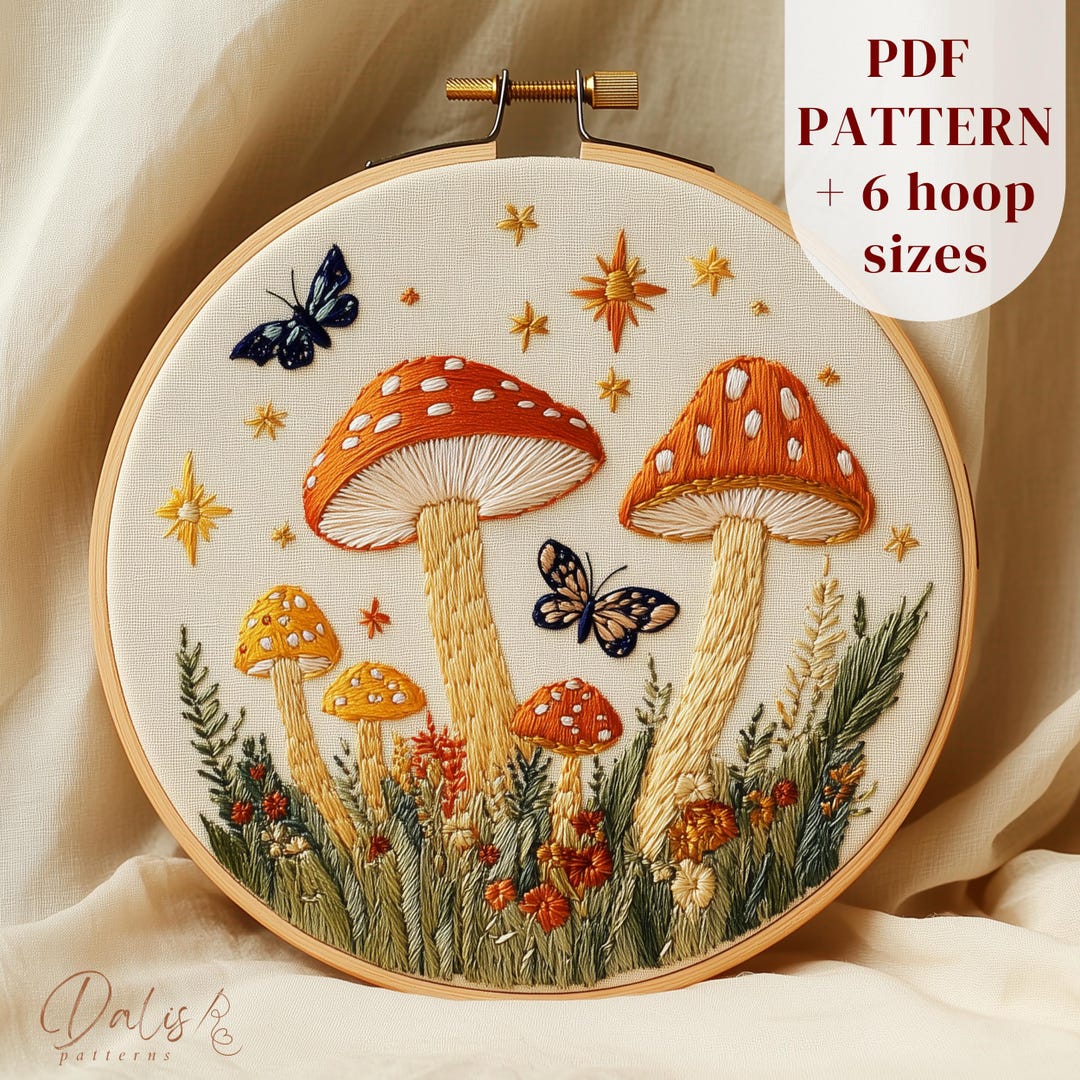Mushrooms Hand Embroidery Pattern, Mushroomcore Embroidery Design ...