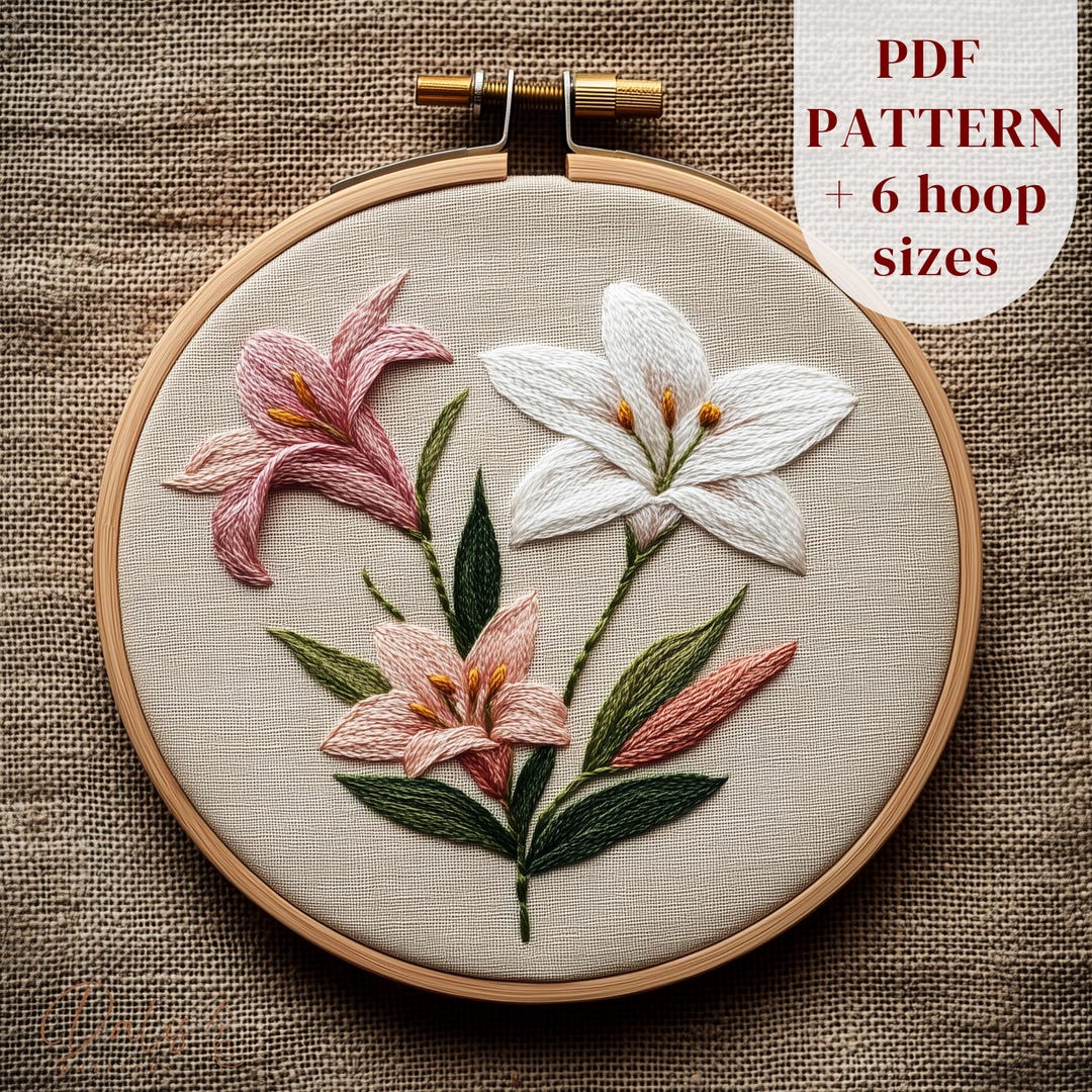 Lilium Flowers Embroidery Design, Lilies Hand Embroidery Pattern ...