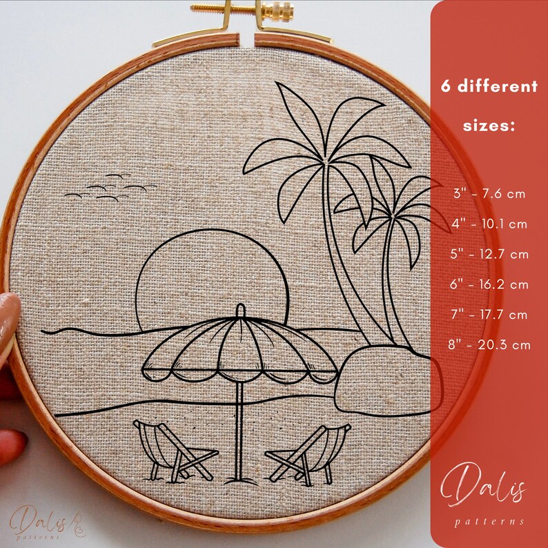 Summer Sunset Hand Embroidery Design, Beach, Sun and Palms DIY Hoop Art ...