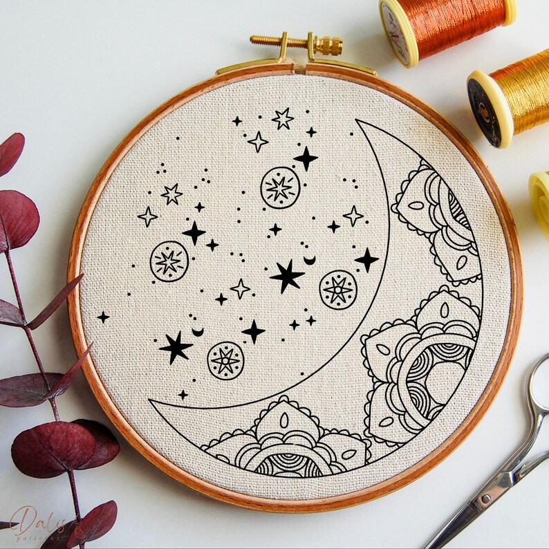 Celestial Hand Embroidery Design Template, Mystical Crescent Moon DIY ...