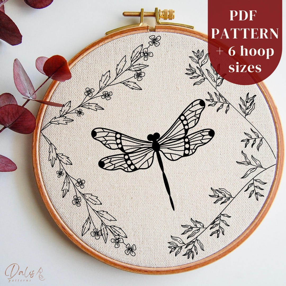 Floral Dragonfly Embroidery PDF Pattern Download, Insect Hand Stitching ...