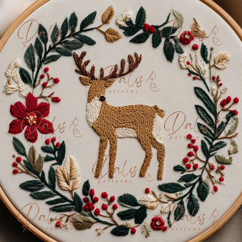 Christmas Reindeer Hand Embroidery Pattern, Winter Reindeer Embroidery ...