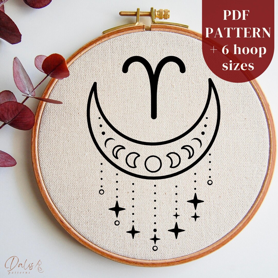 Aries Symbol Hand Embroidery Design, Astrology Embroidery DIY Hoop Art ...