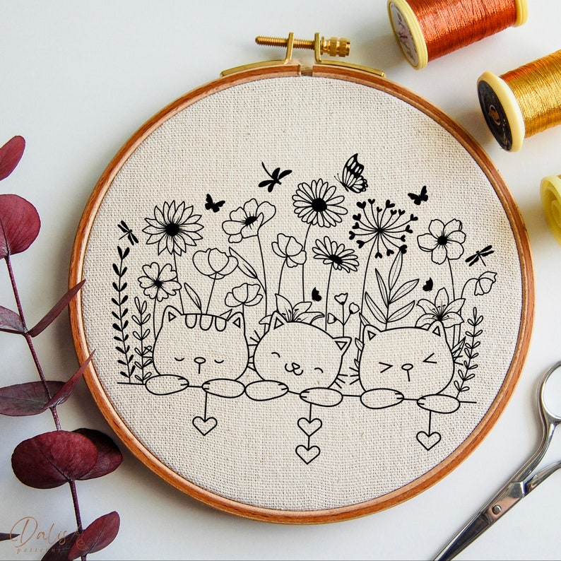 Floral Cute Cats Embroidery PDF Pattern Bundle, Flowers and Kitties DIY ...