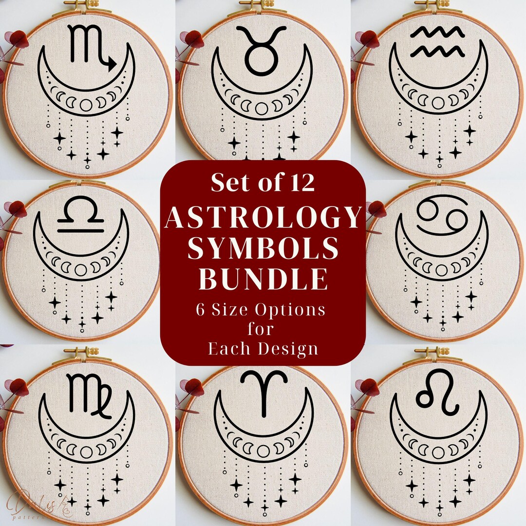 Zodiac Signs Embroidery Pattern Bundle, Astrology Symbols Hand ...