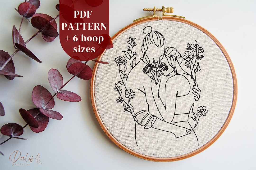 Hand Embroidery Pattern: Romantic Couple Hugging, Line Art Embroidery ...