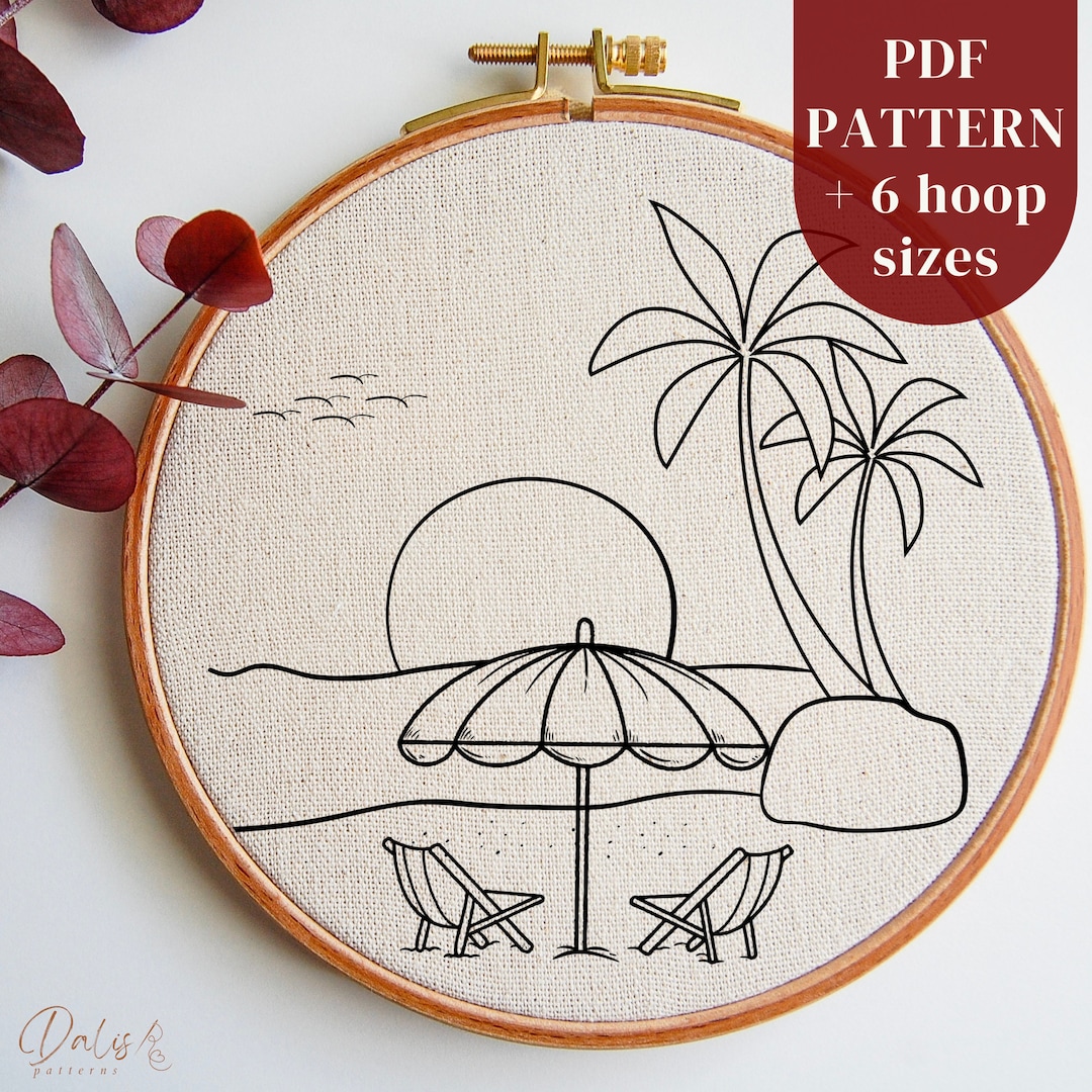 Summer Sunset Hand Embroidery Design, Beach, Sun and Palms DIY Hoop Art ...