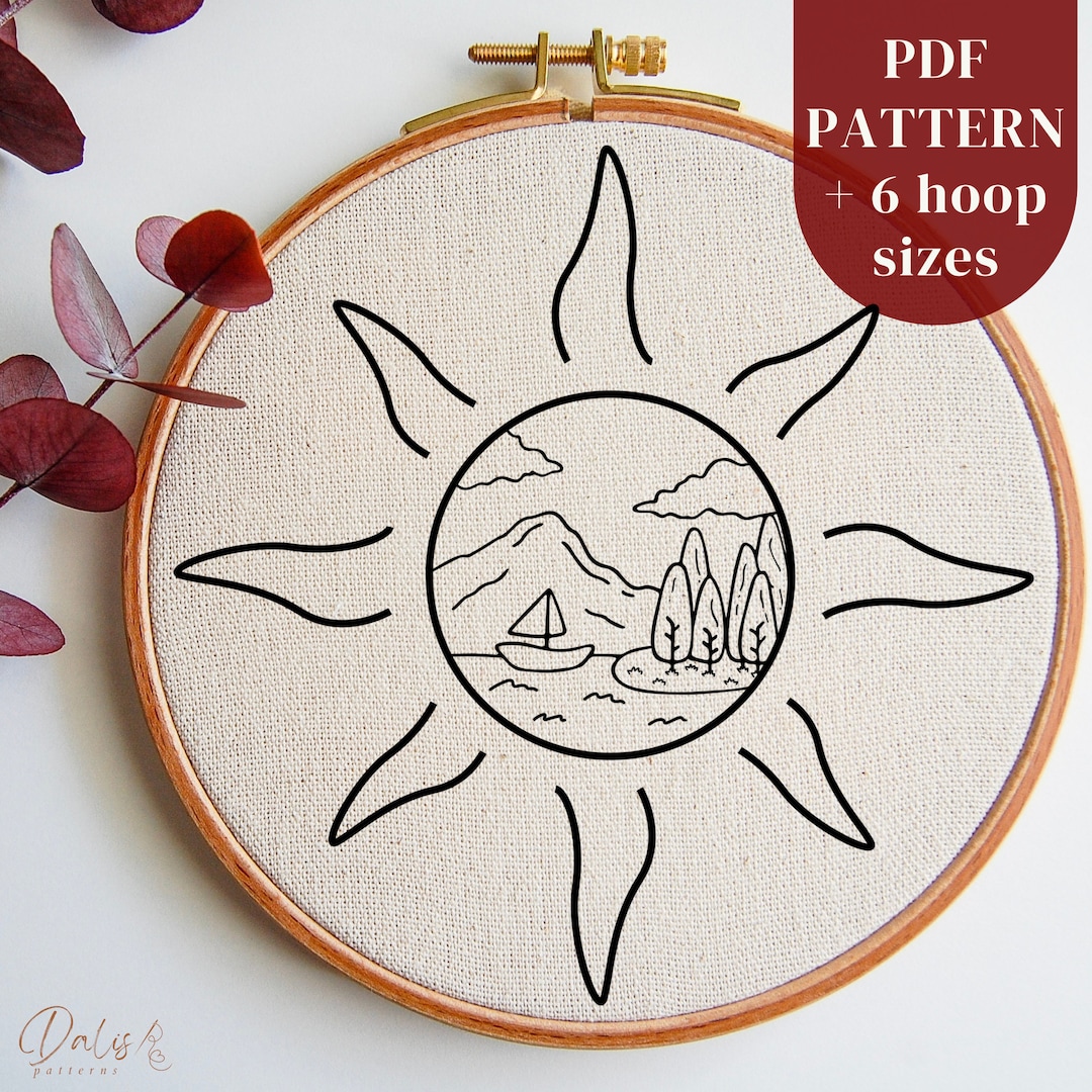 Sun Hand Embroidery PDF Pattern, Adventure Mountain and Lake Hoop Art ...