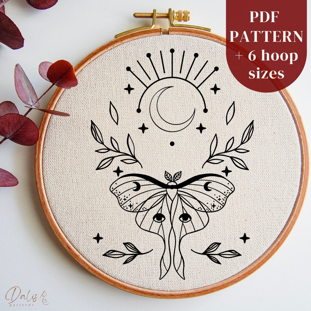 Celestial Luna Moth Embroidery Design, Whimsical Hand Embroidery PDF ...
