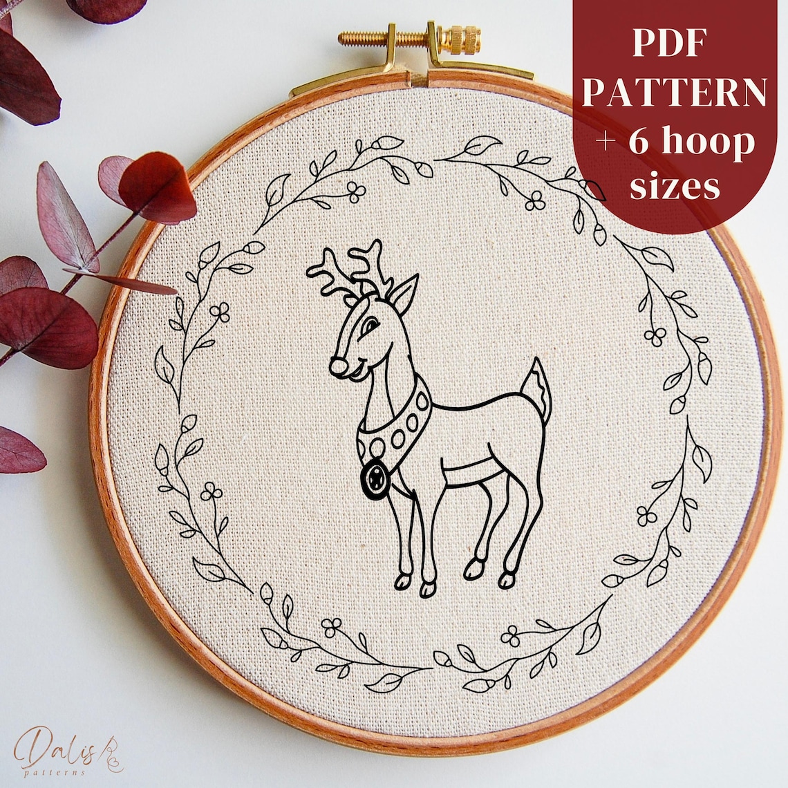 Christmas Reindeer Hand Embroidery Design, Christmas Wreath Embroidery ...
