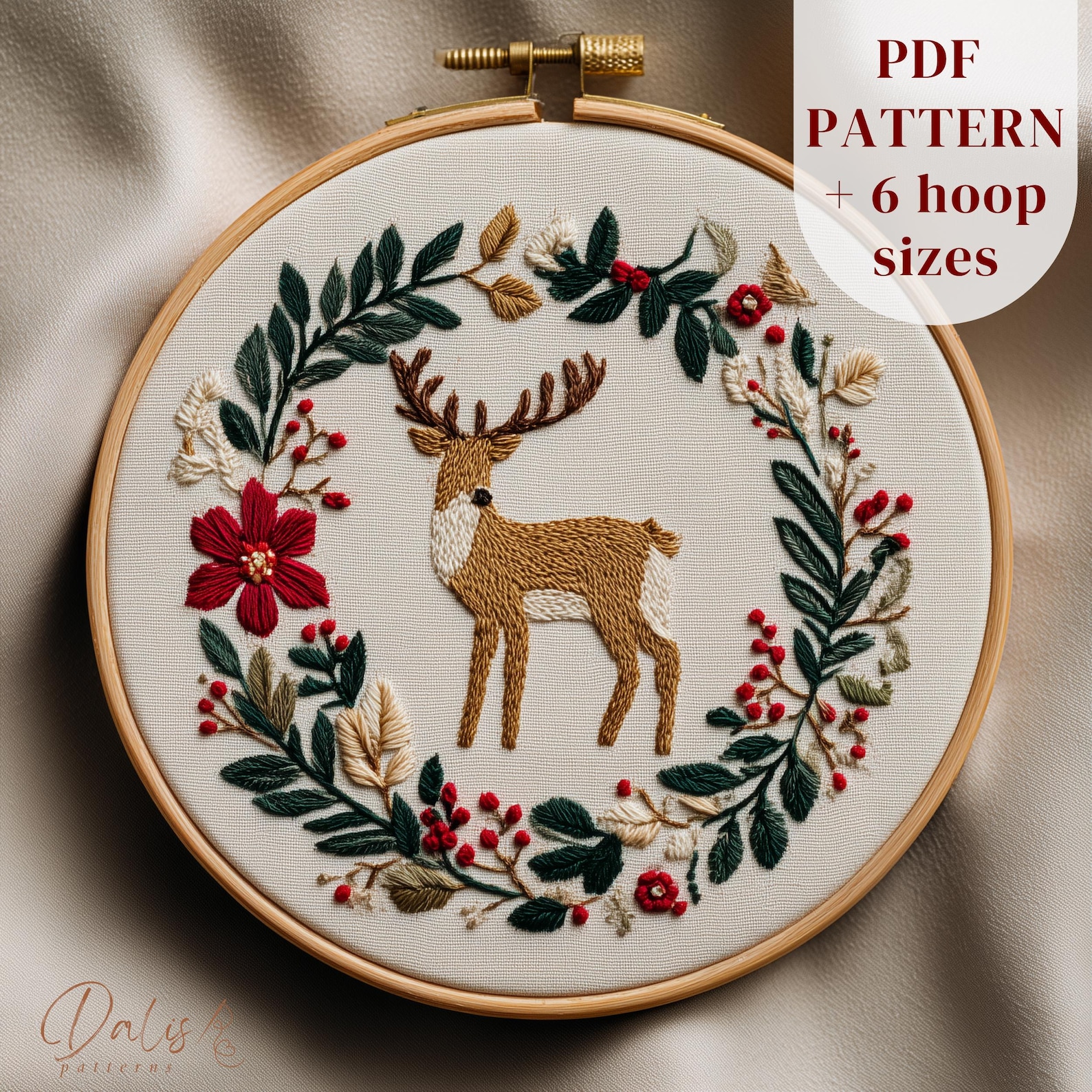 Christmas Reindeer Hand Embroidery Pattern, Winter Reindeer Embroidery ...