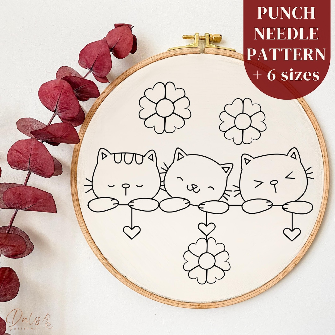 Cute Cats Punch Needle PDF Pattern, Mug Rug Coaster Punch Needle Template, Beginners Needlework ...