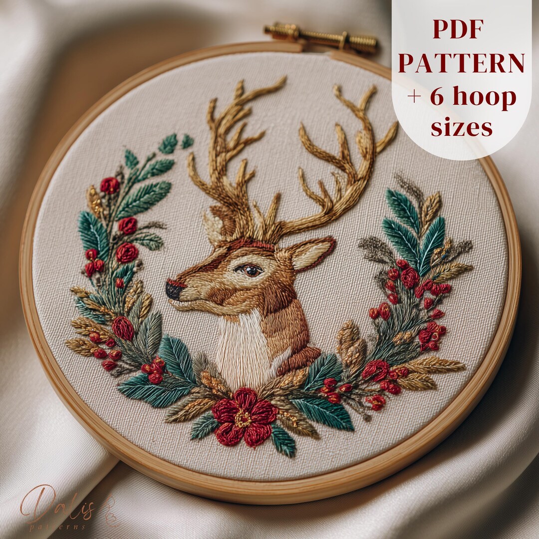 Winter Reindeer Hand Embroidery Design, Christmas Reindeer Embroidery ...