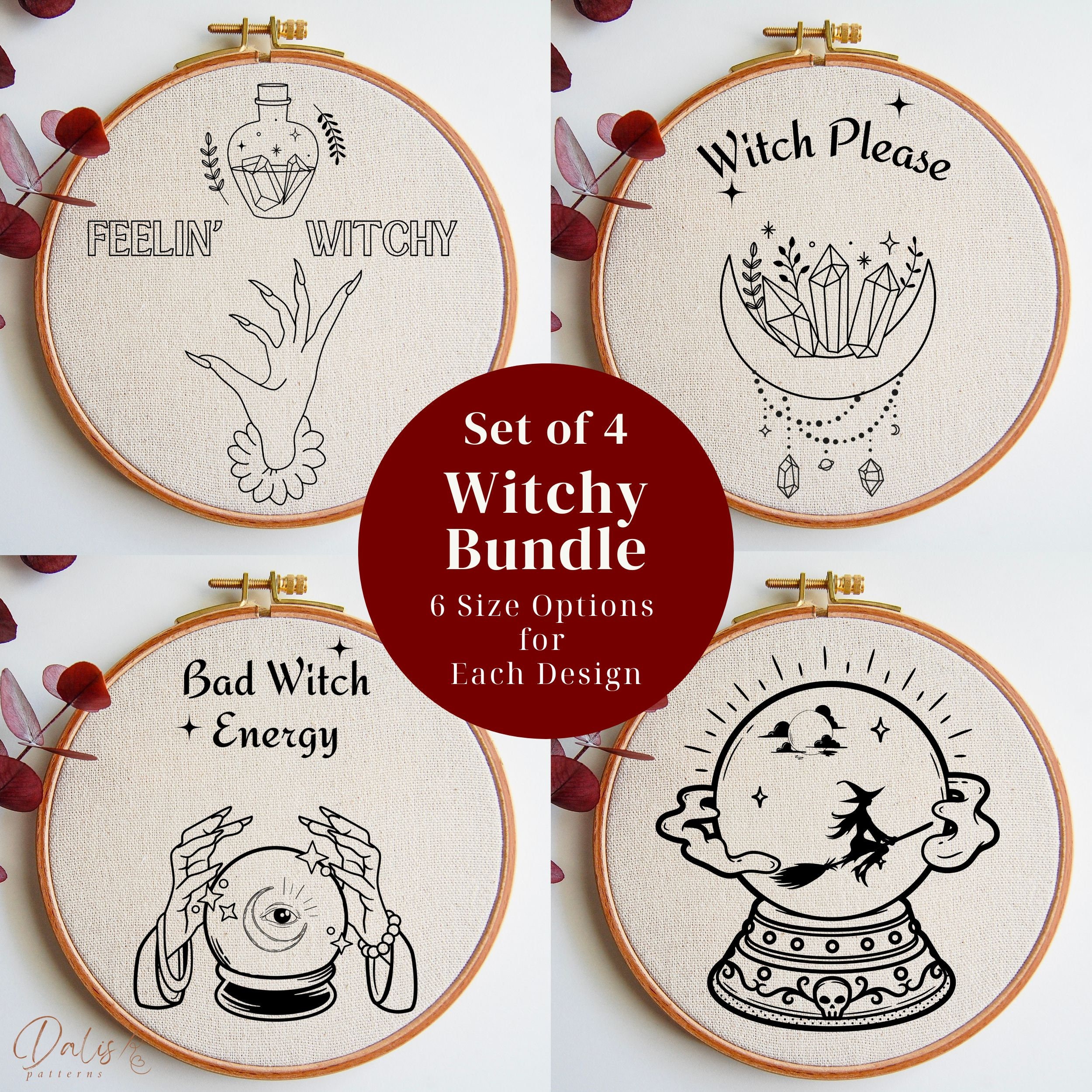Witchy Embroidery PDF Pattern Bundle for Gothic DIY Hoop Art, Witches, Crystals, Moon and ...