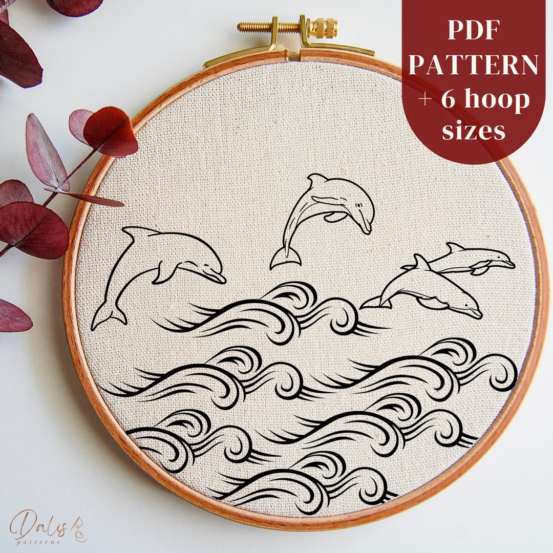 Summer Hand Embroidery PDF Pattern File, Dolphins Surf Sea Waves Design ...