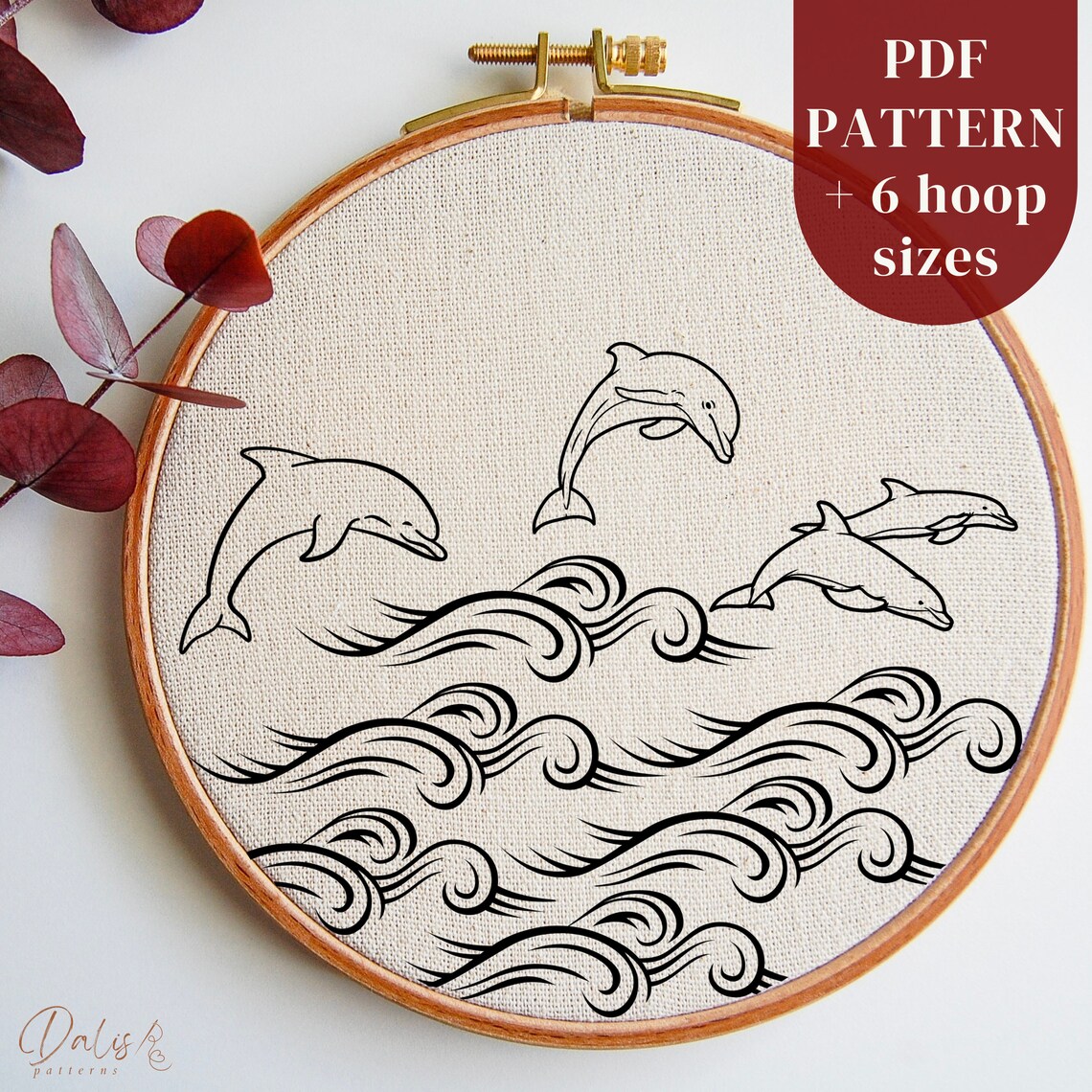 Summer Hand Embroidery PDF Pattern File, Dolphins Surf Sea Waves Design ...