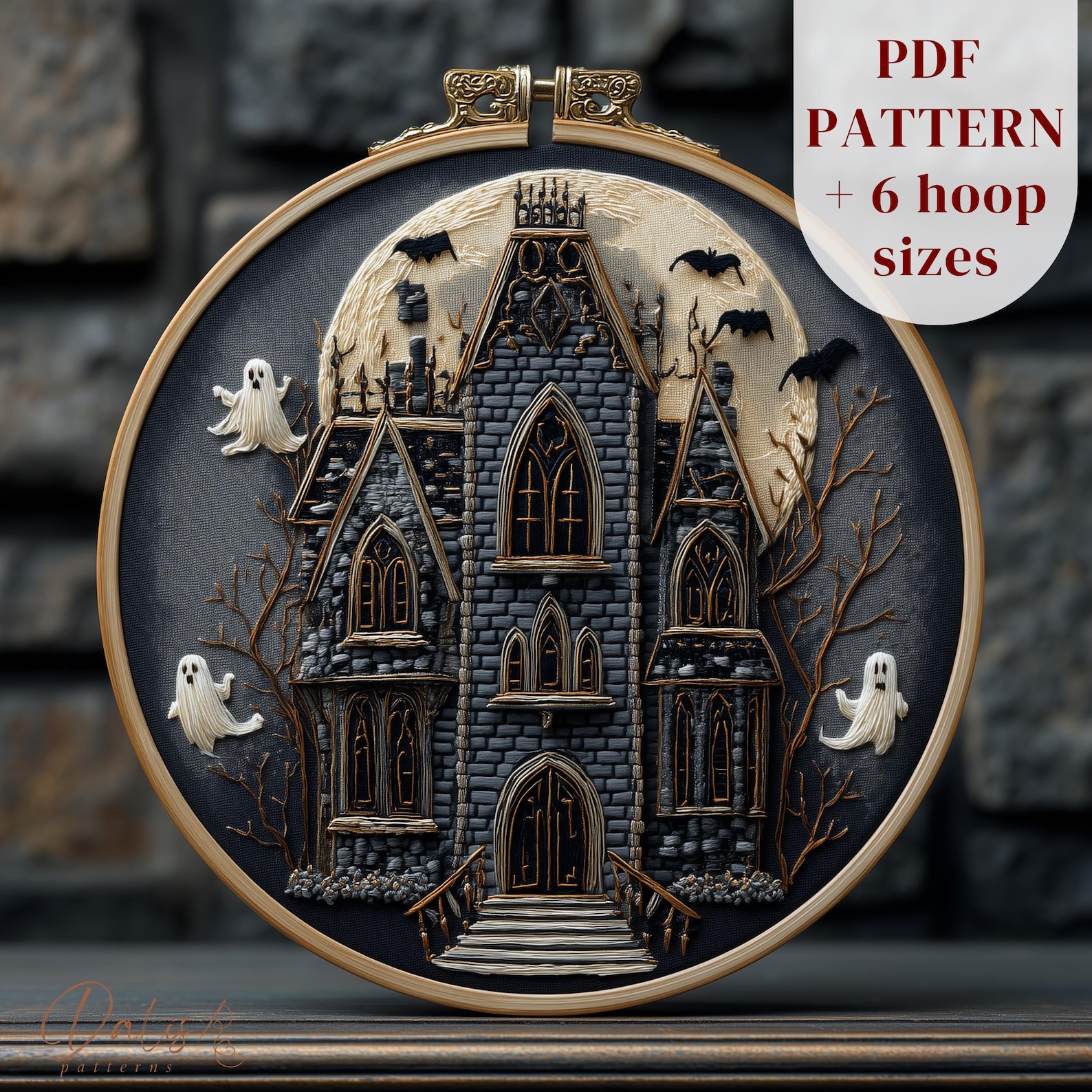 Haunted House Embroidery Pattern, Halloween Hand Embroidery Design ...