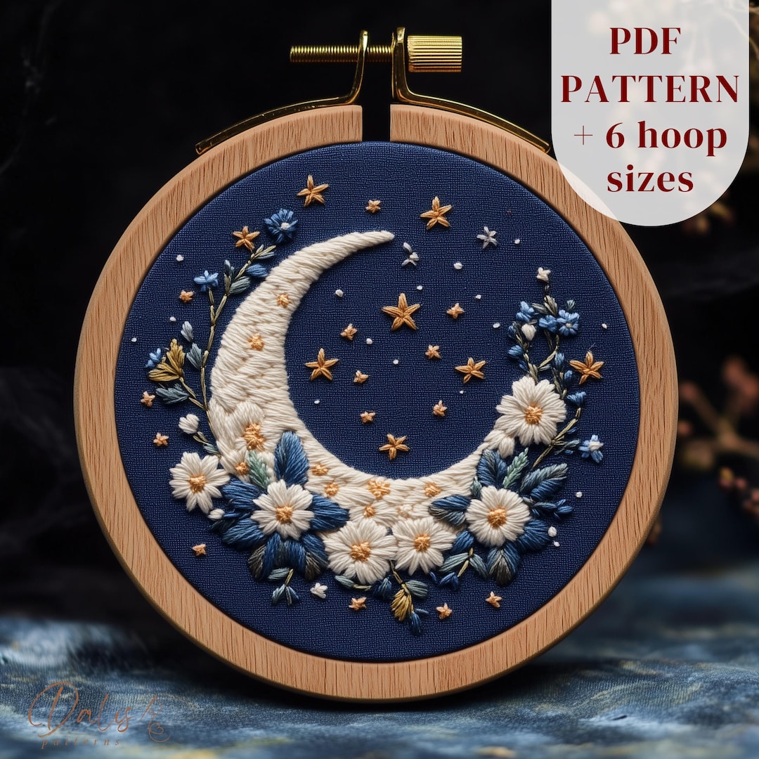 Celestial Hand Embroidery Design, Floral Moon Embroidery Pattern ...