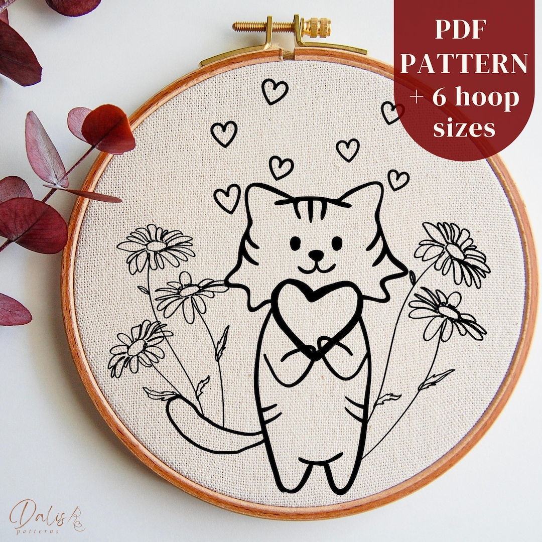 Cute Cat Hand Embroidery Pattern, Wildflowers and Kitten Embroidery ...
