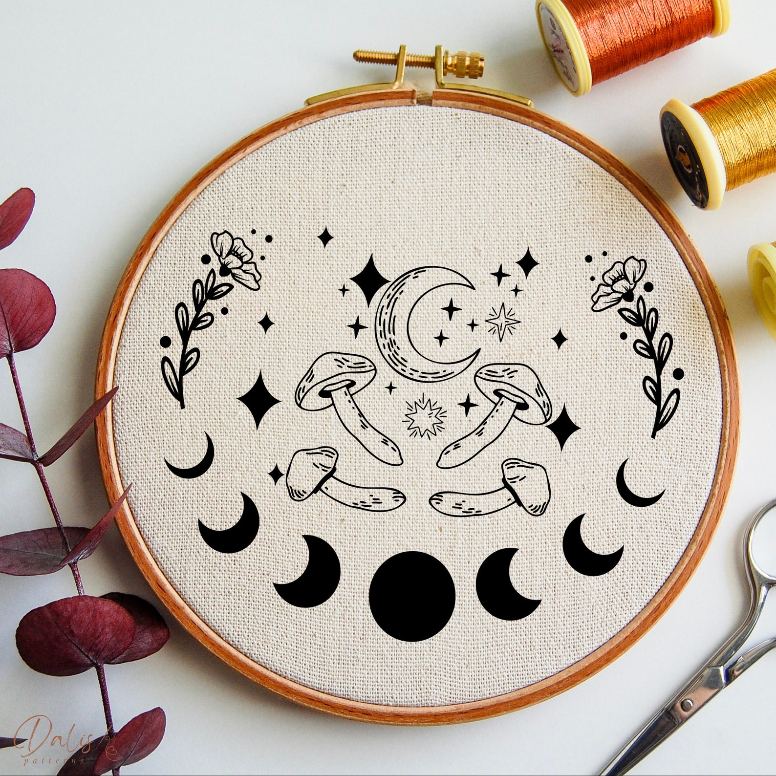 Whimsical Hand Embroidery Design Template, Mystic Moon and Mushrooms ...