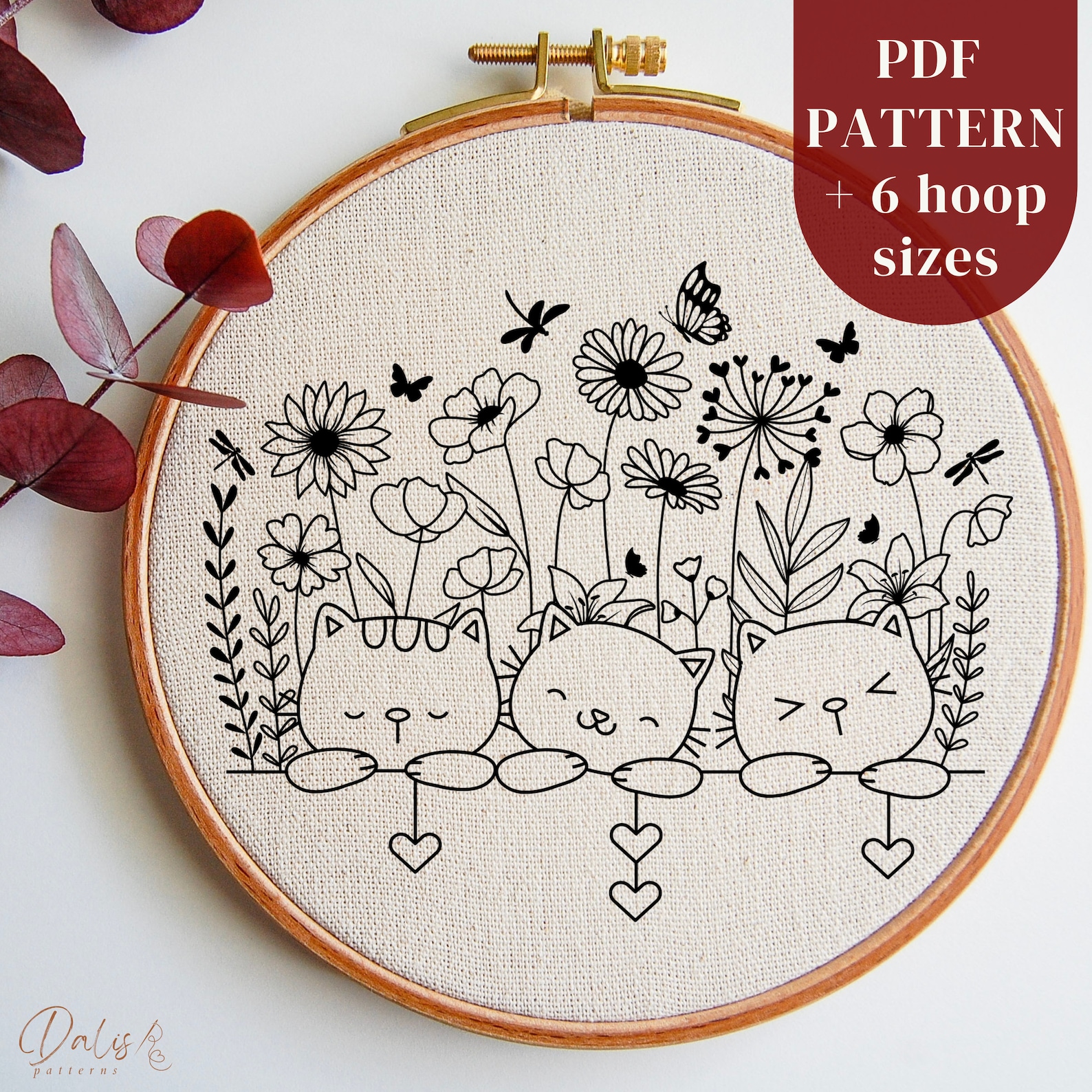 Floral Cute Cats Embroidery PDF Pattern Template, Wildflowers and ...