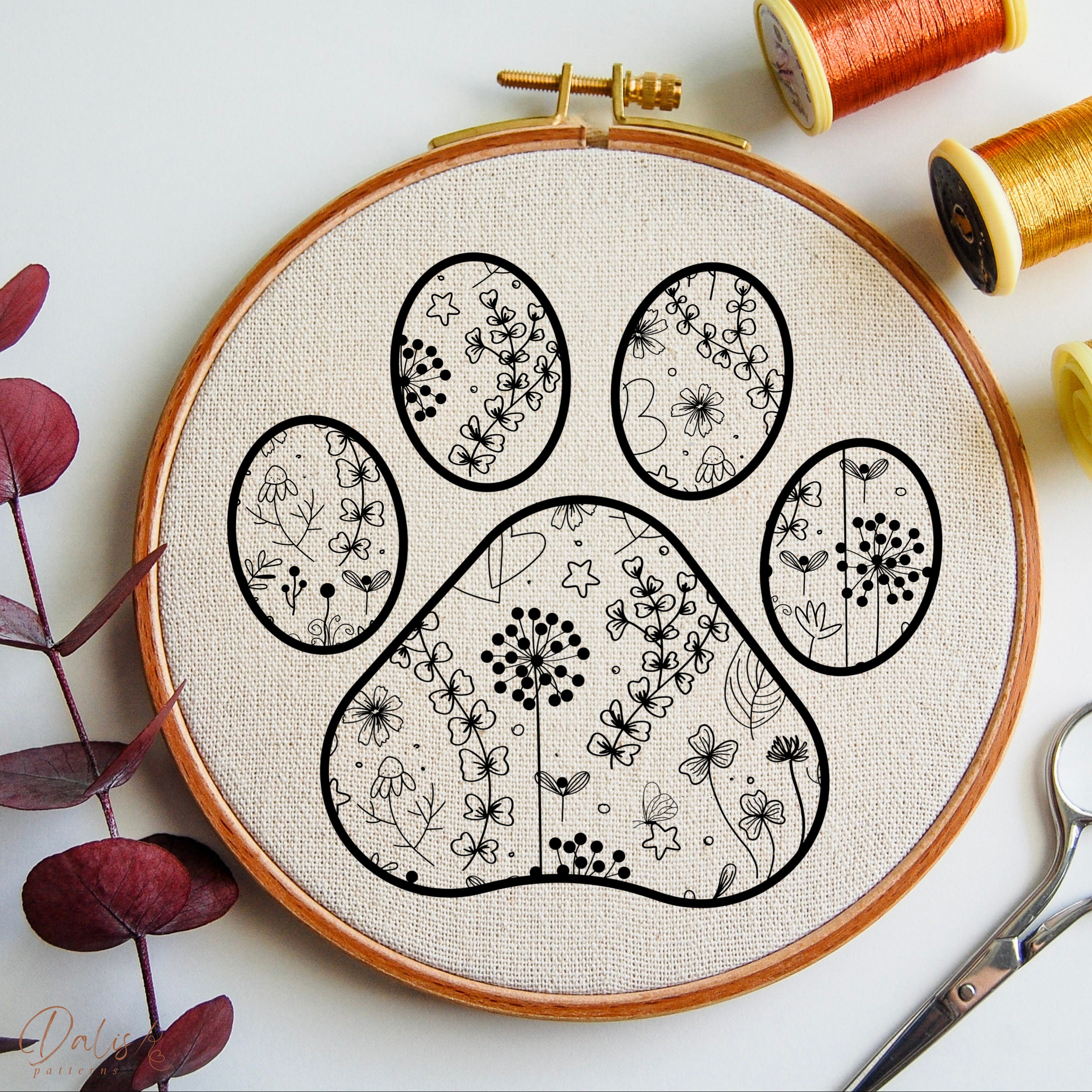 Floral Paw Print Embroidery PDF Pattern, Toe Beans DIY Embroidery Hoop ...