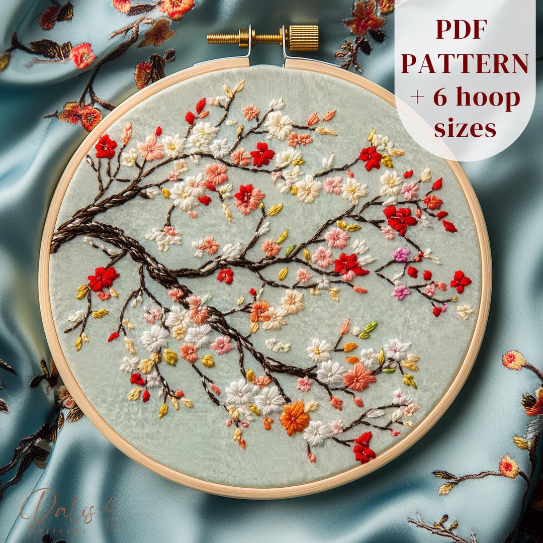 Sakura Tree Hand Embroidery Design, Cherry Blossoms Embroidery Pattern ...