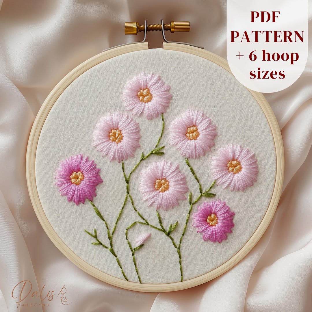 Beginners Hand Embroidery Pattern, Pink Daisies Embroidery Design ...