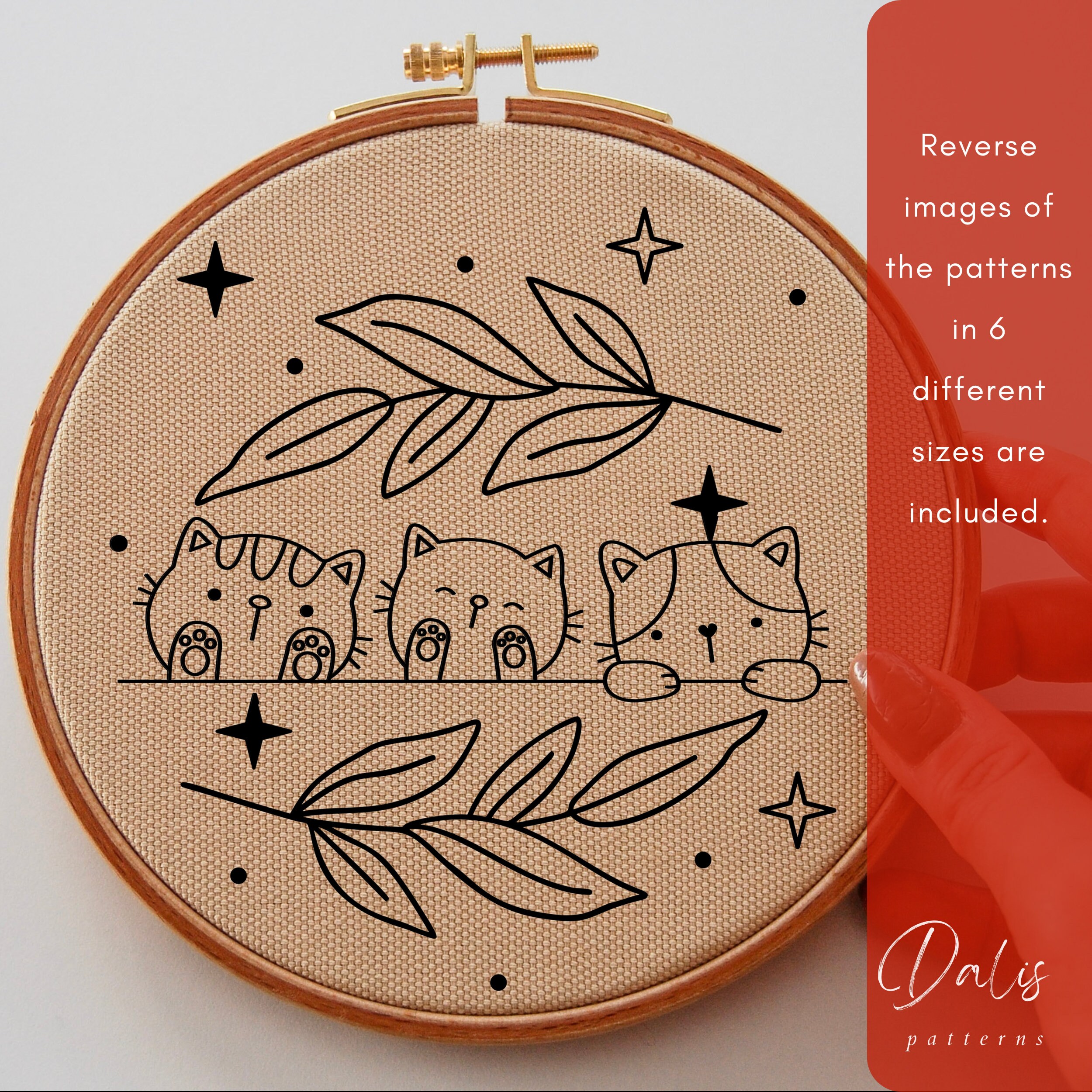 Printable Cute Cats Embroidery Pattern Template, Celestial Leaves and ...