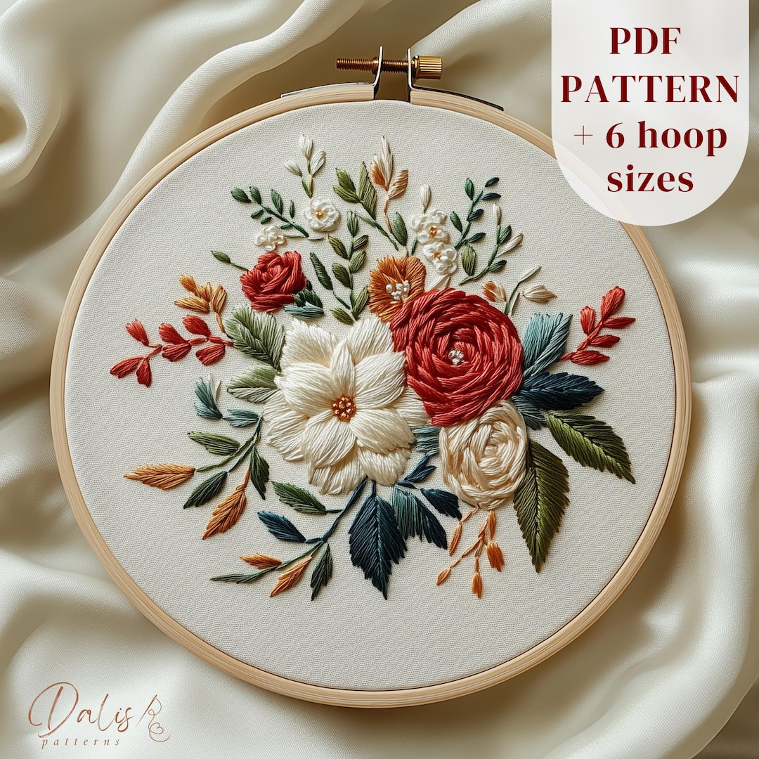 Flowers Bouquet Embroidery Design, Botanical Hand Embroidery Pattern ...