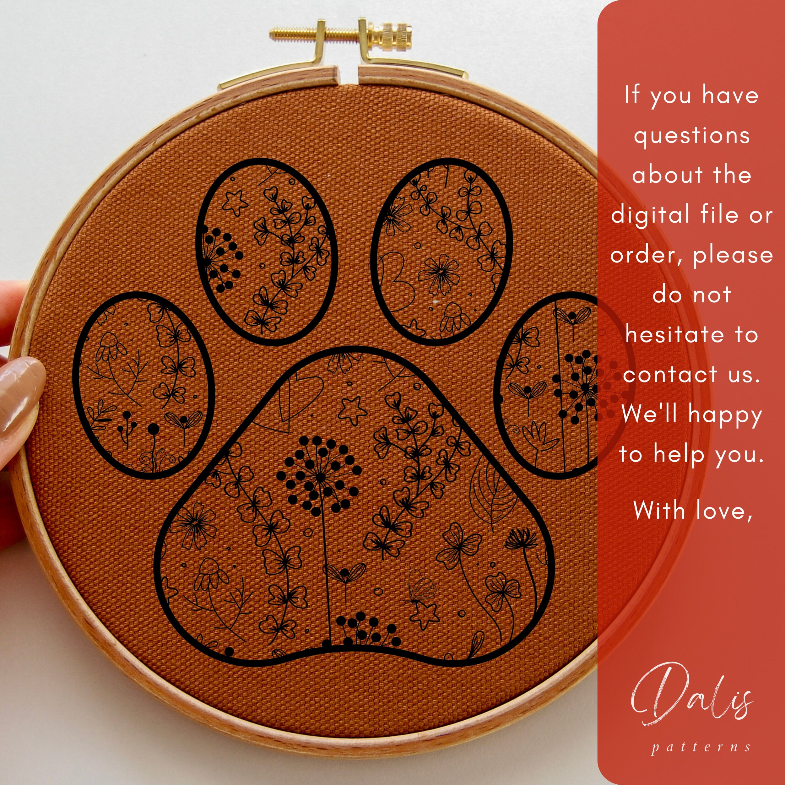Floral Paw Print Embroidery PDF Pattern, Toe Beans DIY Embroidery Hoop ...