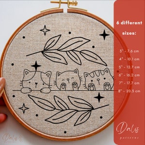 Printable Cute Cats Embroidery Pattern Template, Celestial Leaves and ...