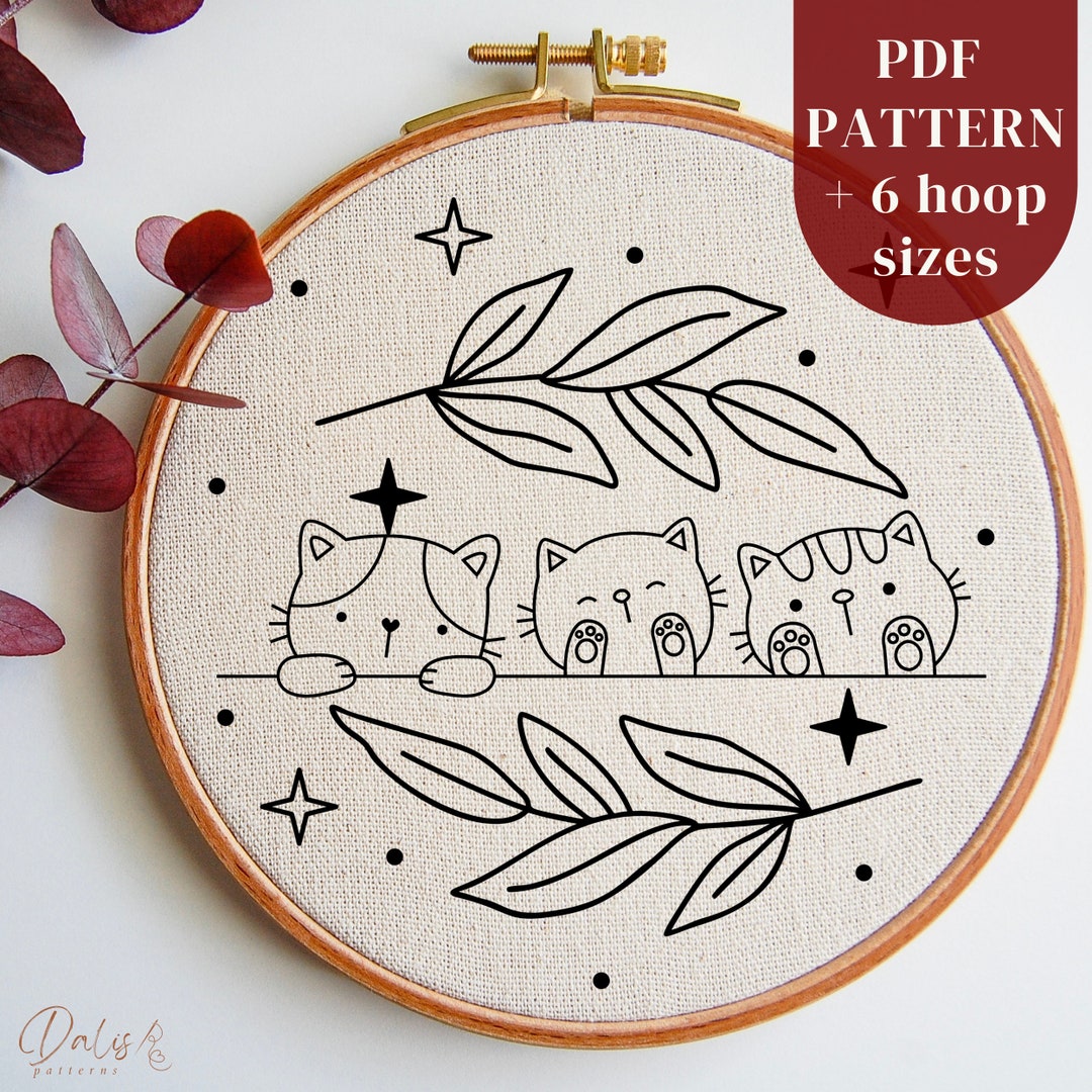 Printable Cute Cats Embroidery Pattern Template, Celestial Leaves and ...