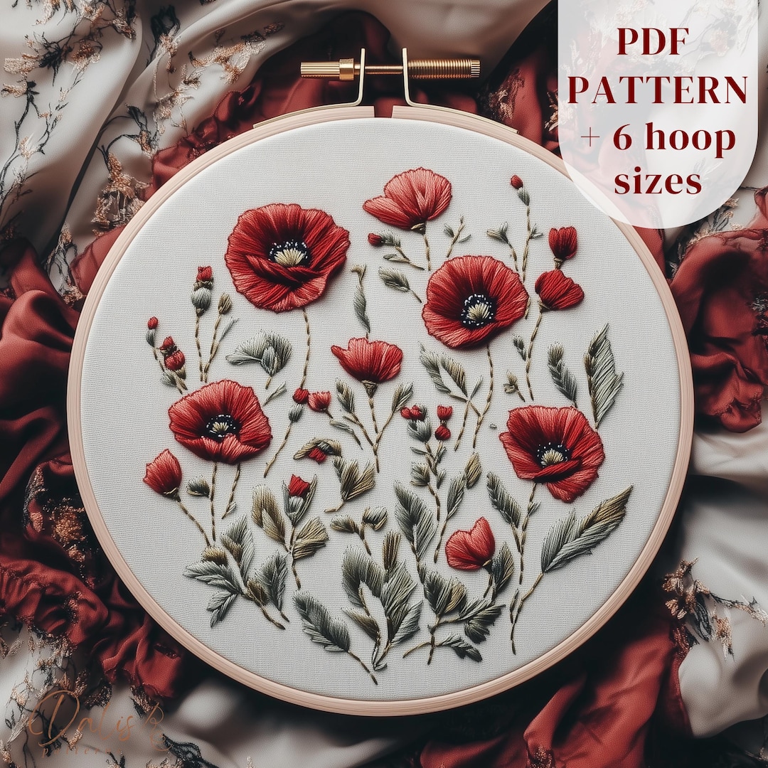 Poppy Flowers Hand Embroidery Pattern, Meadow of Red Poppies Embroidery ...