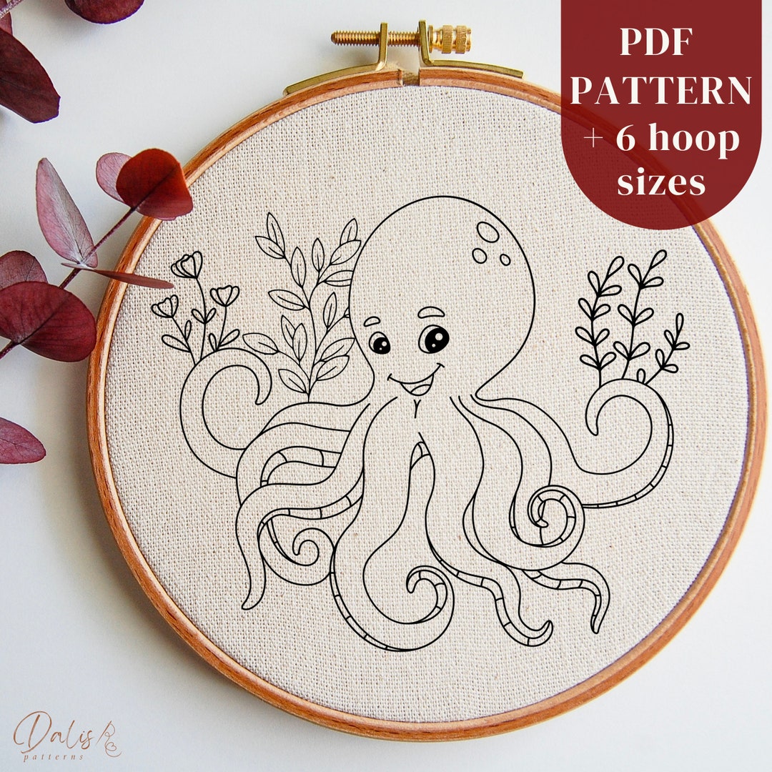 Octopus Embroidery PDF Pattern Template, Sea Life DIY Embroidery Hoop ...