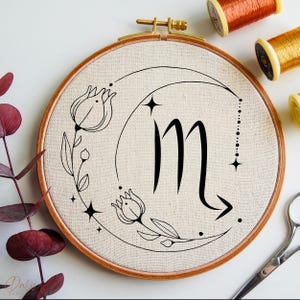 Astrology Hand Embroidery Pattern, Scorpio Zodiac Sign and Crescent ...