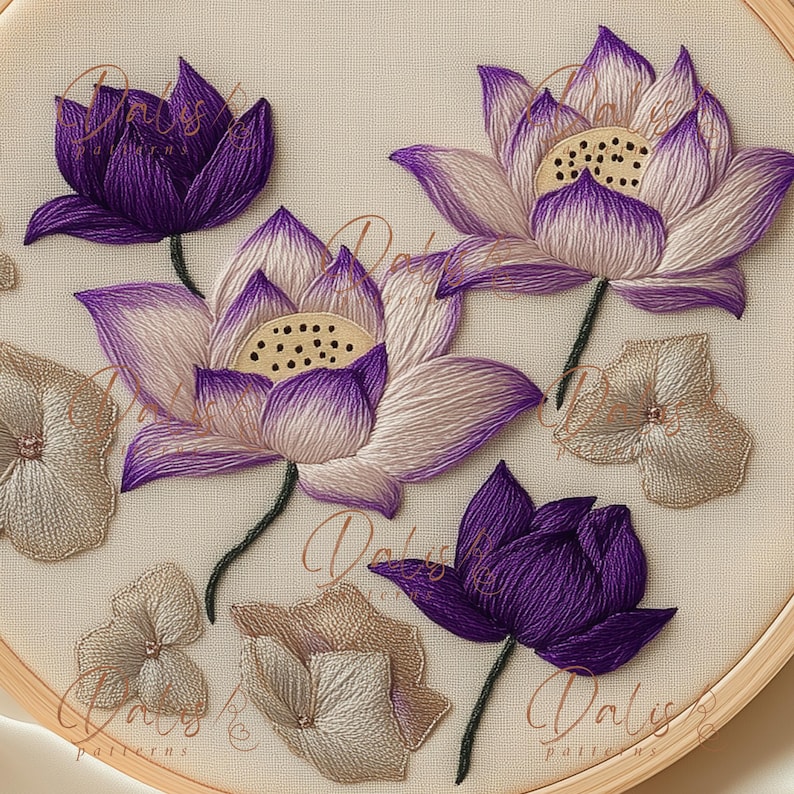 Purple Lotus Hand Embroidery Pattern, Asian Lotus Flowers Embroidery ...