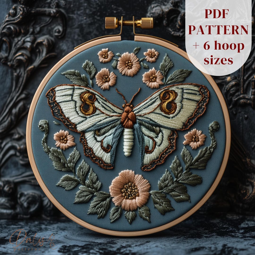 Gothic Luna Moth Embroidery Pattern, Insect Hand Embroidery Design ...