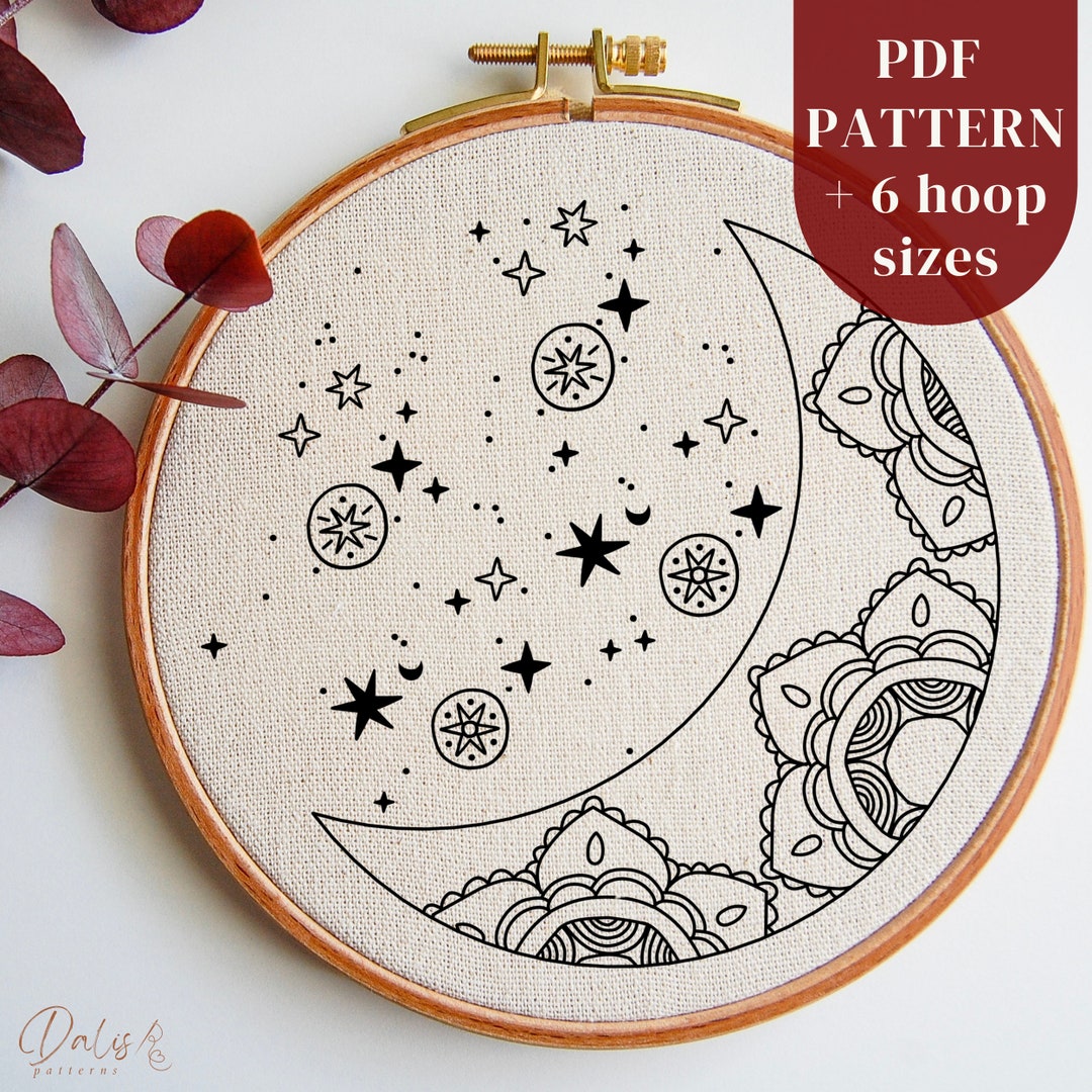 Celestial Hand Embroidery Design Template, Mystical Crescent Moon DIY ...