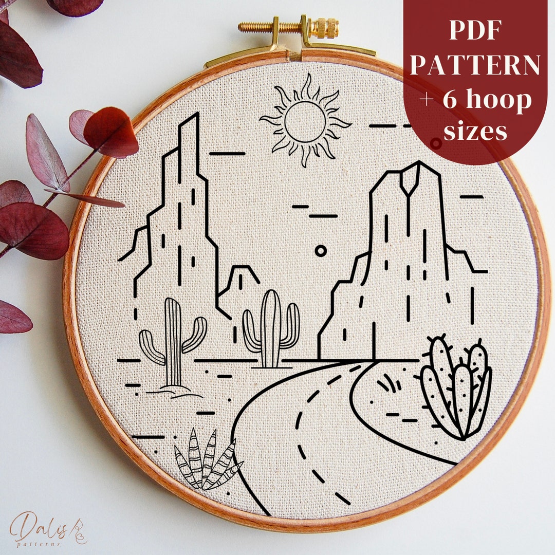 Landscape Hand Embroidery PDF Pattern File, Desert With Cactus Monoline ...