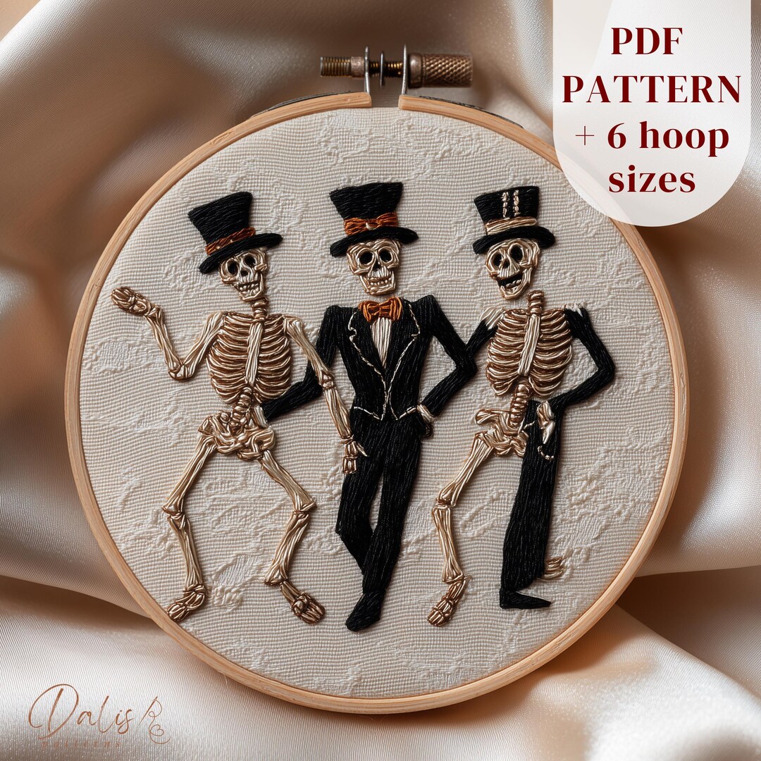 Dancing Skeletons Hand Embroidery Design, Halloween Embroidery Pattern ...