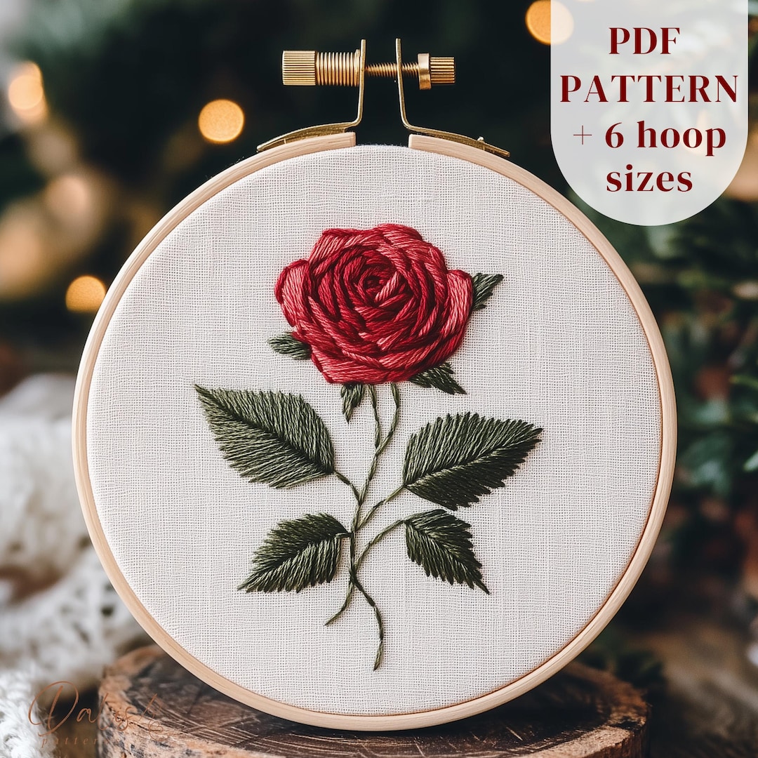 Rose Flower Hand Embroidery Pattern, Red Rose Embroidery Design, June ...