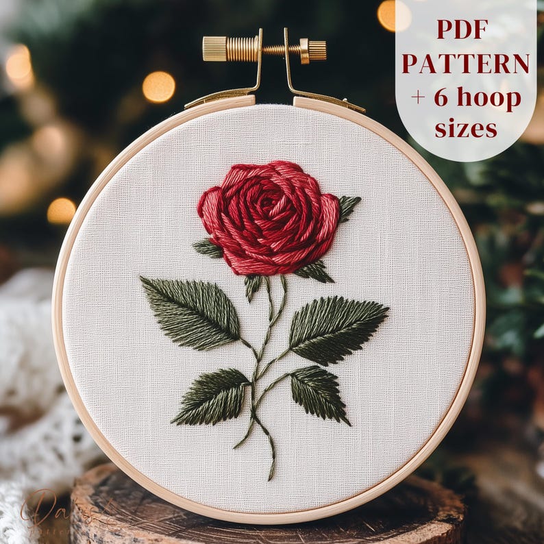 Rose Flower Hand Embroidery Pattern, Red Rose Embroidery Design, June ...