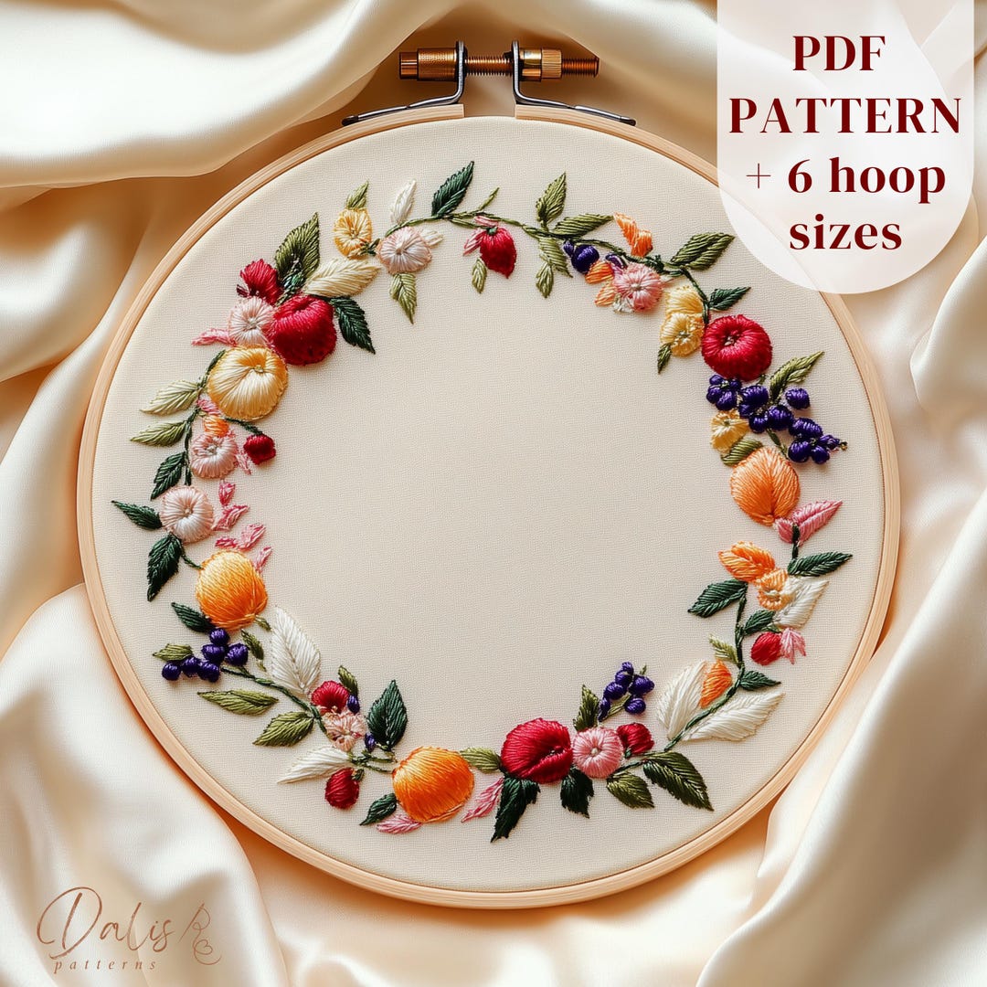 Fruits Wreath Embroidery Pattern, Summer Hoop Art Design (PDF Template ...