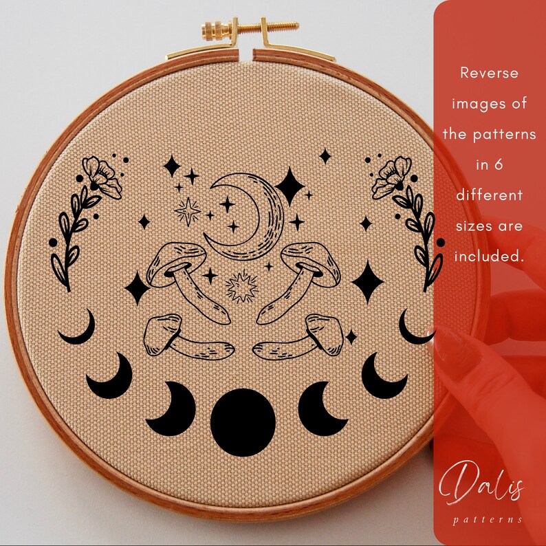 Whimsical Hand Embroidery Design Template, Mystic Moon and Mushrooms ...