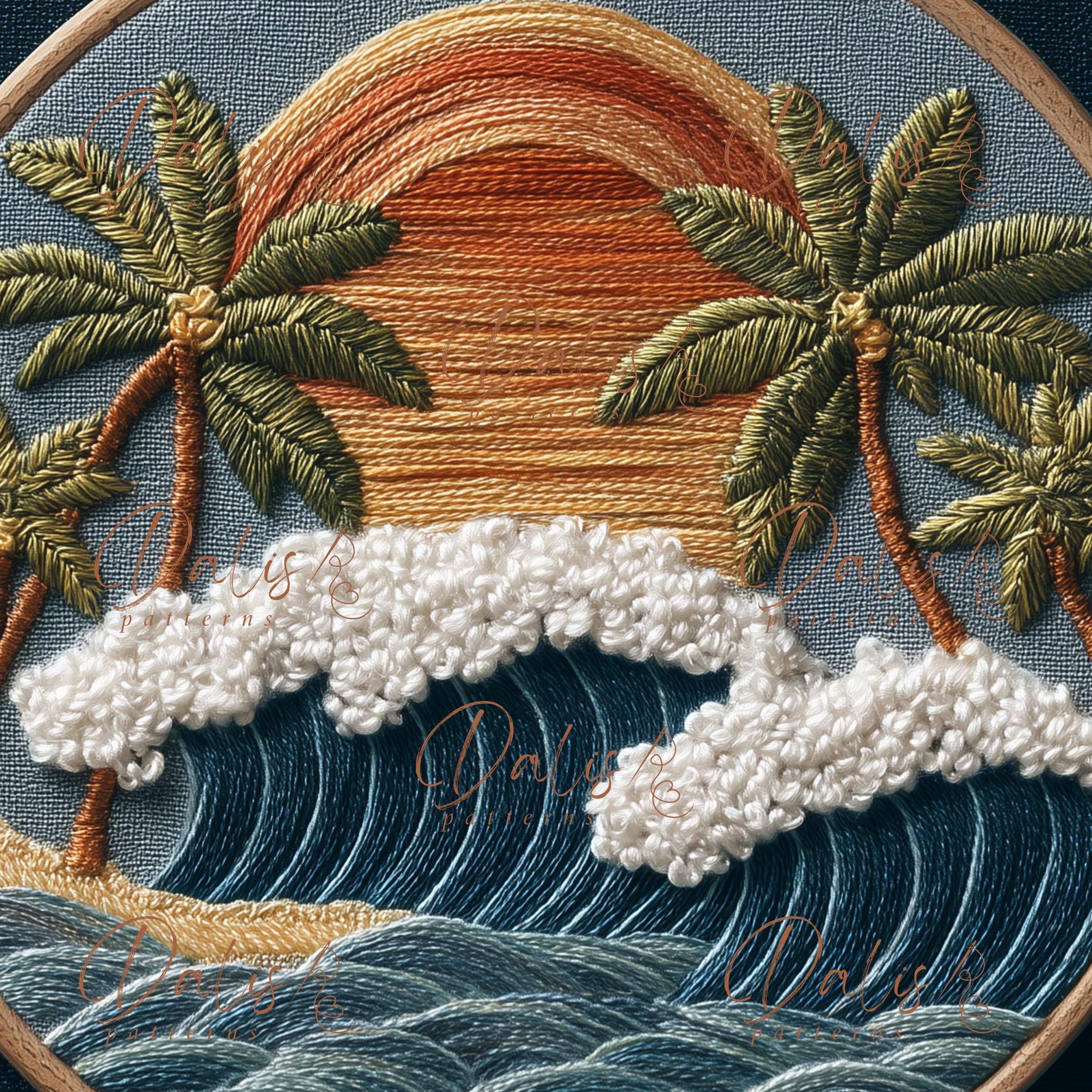 Tropical Landscape Embroidery Pattern, Beach Sunset Hand Embroidery ...