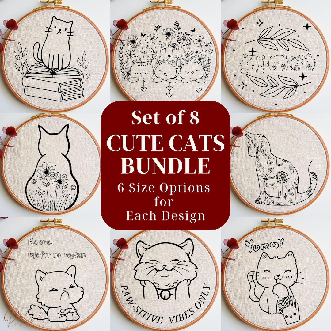 Floral Cute Cats Embroidery PDF Pattern Bundle, Flowers and Kitties DIY ...